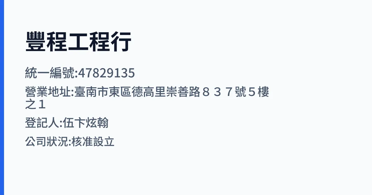 豐程工程行 - 統編 47829135(臺南市) 公司登記資料與營業項目詳細圖表