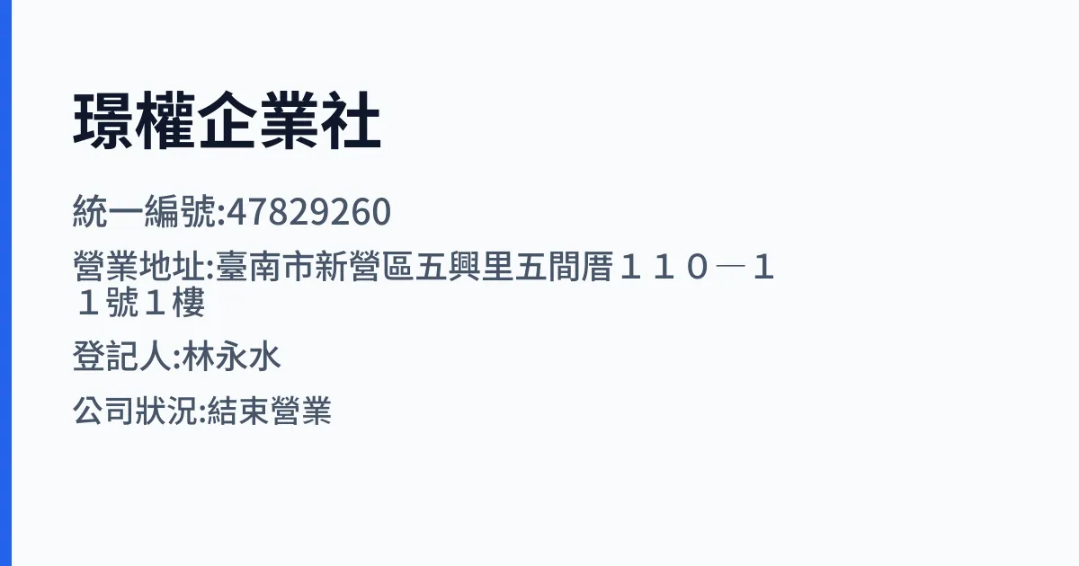 璟權企業社 - 統編 47829260(臺南市) 公司登記資料與營業項目詳細圖表