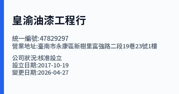 皇渝油漆工程行的照片-統編 47829297(臺南市) 公司登記資料與營業項目詳細圖表