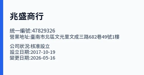 兆盛商行的照片-統編 47829326(臺南市) 公司登記資料與營業項目詳細圖表