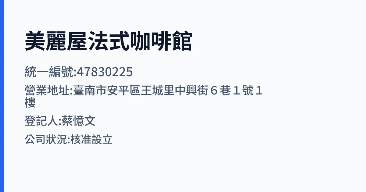 美麗屋法式咖啡館 - 統編 47830225(臺南市) 公司登記資料與營業項目詳細圖表