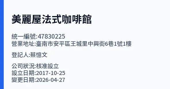 美麗屋法式咖啡館的照片-統編 47830225(臺南市) 公司登記資料與營業項目詳細圖表