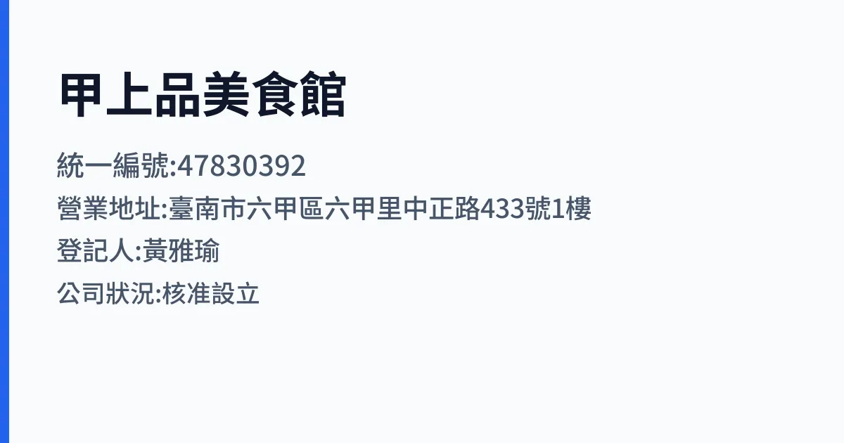 甲上品美食館 - 統編 47830392(臺南市) 公司登記資料與營業項目詳細圖表