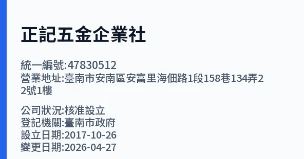正記五金企業社的照片-統編 47830512(臺南市) 公司登記資料與營業項目詳細圖表