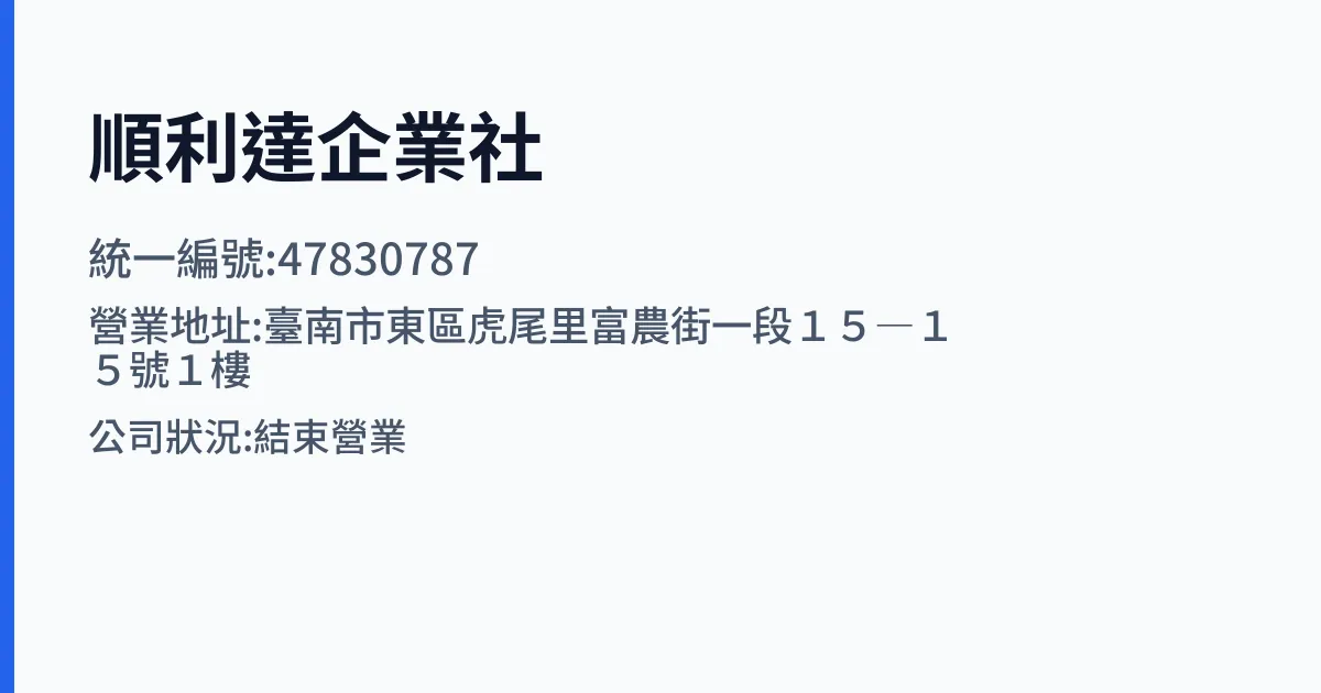 順利達企業社 - 統編 47830787(臺南市) 公司登記資料與營業項目詳細圖表