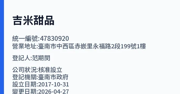 吉米甜品的照片-統編 47830920(臺南市) 公司登記資料與營業項目詳細圖表