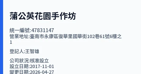 蒲公英花園手作坊的照片-統編 47831147(臺南市) 公司登記資料與營業項目詳細圖表