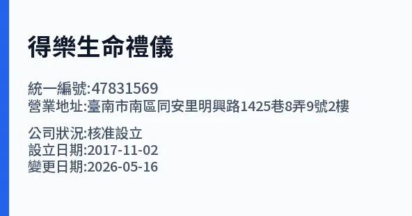 得樂生命禮儀的照片-統編 47831569(臺南市) 公司登記資料與營業項目詳細圖表