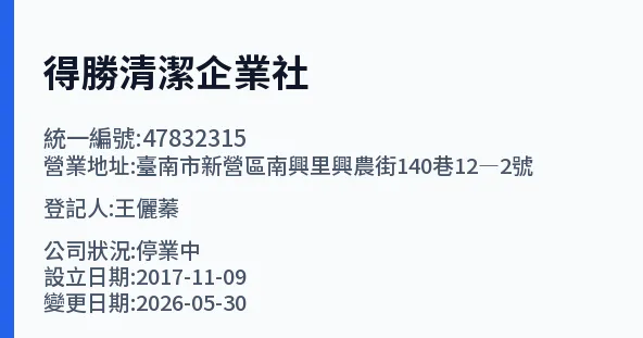 得勝清潔企業社的照片-統編 47832315(臺南市) 公司登記資料與營業項目詳細圖表