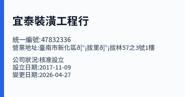 宜泰裝潢工程行的照片-統編 47832336(臺南市) 公司登記資料與營業項目詳細圖表