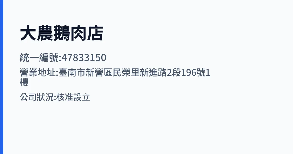 大農鵝肉店 - 統編 47833150(臺南市) 公司登記資料與營業項目詳細圖表