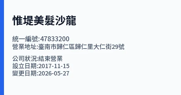 惟堤美髮沙龍的照片-統編 47833200(臺南市) 公司登記資料與營業項目詳細圖表