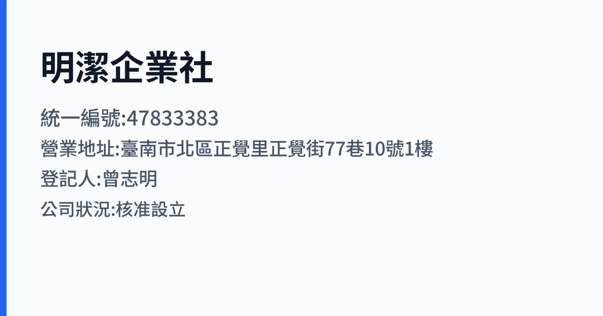 明潔企業社 - 統編 47833383(臺南市) 公司登記資料與營業項目詳細圖表