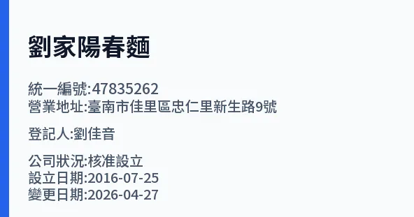 劉家陽春麵的照片-統編 47835262(臺南市) 公司登記資料與營業項目詳細圖表
