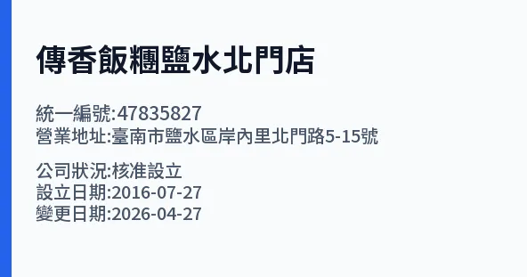 傳香飯糰鹽水北門店的照片-統編 47835827(臺南市) 公司登記資料與營業項目詳細圖表