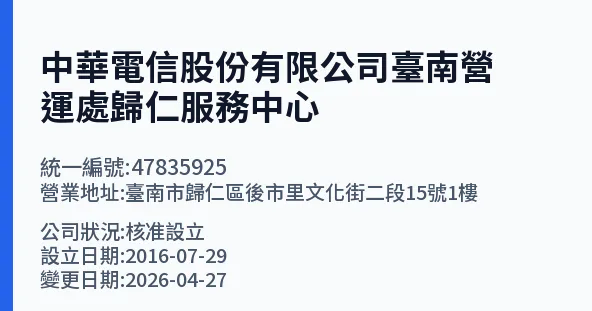 中華電信股份有限公司臺南營運處歸仁服務中心的照片-統編 47835925(臺南市) 公司登記資料與營業項目詳細圖表