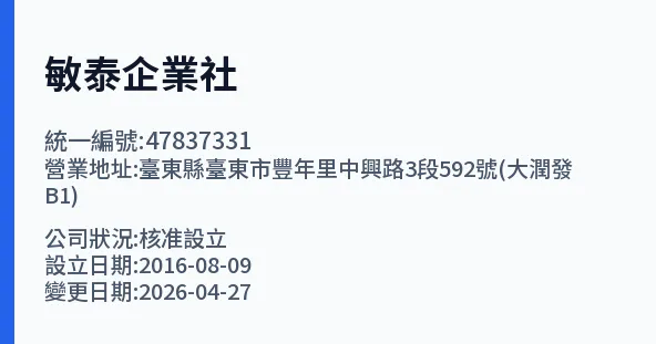 敏泰企業社的照片-統編 47837331(臺東縣) 公司登記資料與營業項目詳細圖表