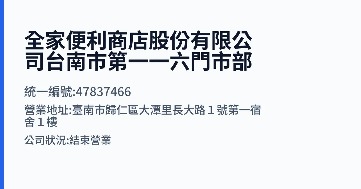 全家便利商店股份有限公司台南市第一一六門市部 - 統編 47837466(臺南市) 公司登記資料與營業項目詳細圖表