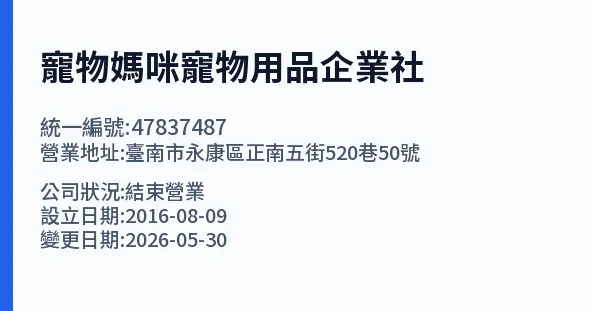 寵物媽咪寵物用品企業社的照片-統編 47837487(臺南市) 公司登記資料與營業項目詳細圖表