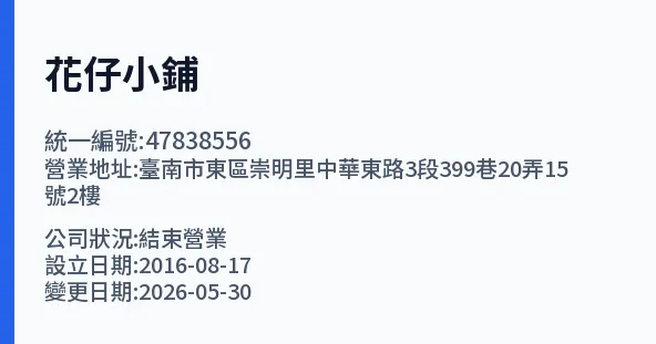 花仔小鋪的照片-統編 47838556(臺南市) 公司登記資料與營業項目詳細圖表