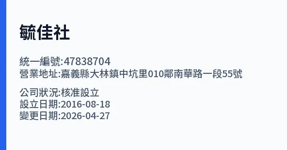 毓佳社的照片-統編 47838704(嘉義縣) 公司登記資料與營業項目詳細圖表