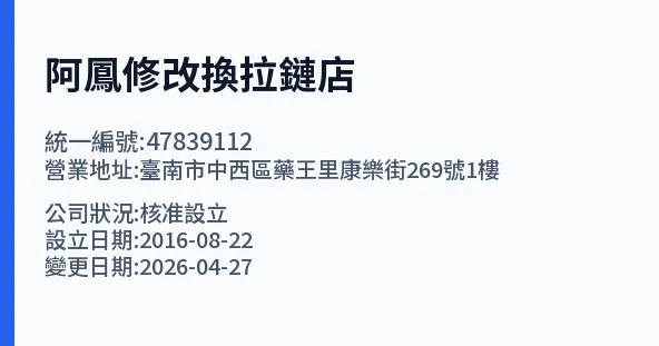 阿鳳修改換拉鏈店的照片-統編 47839112(臺南市) 公司登記資料與營業項目詳細圖表