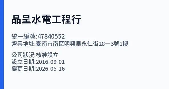 品呈水電工程行的照片-統編 47840552(臺南市) 公司登記資料與營業項目詳細圖表
