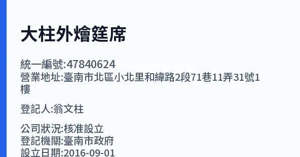 大柱外燴筳席的照片-統編 47840624(臺南市) 公司登記資料與營業項目詳細圖表