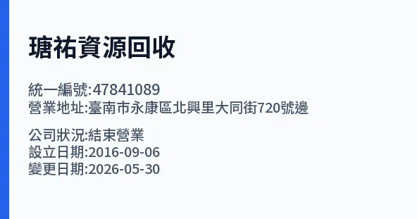 瑭祐資源回收的照片-統編 47841089(臺南市) 公司登記資料與營業項目詳細圖表