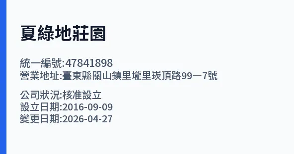 夏綠地莊園的照片-統編 47841898(臺東縣) 公司登記資料與營業項目詳細圖表