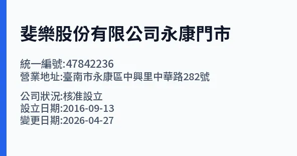 斐樂股份有限公司永康門市的照片-統編 47842236(臺南市) 公司登記資料與營業項目詳細圖表