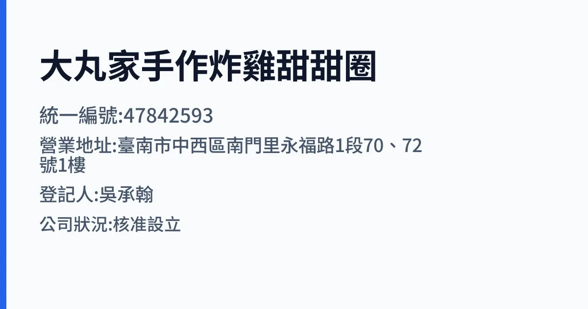 大丸家手作炸雞甜甜圈 - 統編 47842593(臺南市) 公司登記資料與營業項目詳細圖表