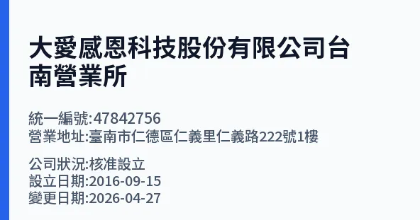 大愛感恩科技股份有限公司台南營業所的照片-統編 47842756(臺南市) 公司登記資料與營業項目詳細圖表