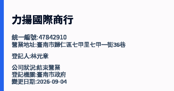 力揚國際商行的照片-統編 47842910(臺南市) 公司登記資料與營業項目詳細圖表