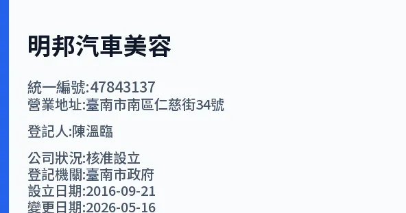 明邦汽車美容的照片-統編 47843137(臺南市) 公司登記資料與營業項目詳細圖表