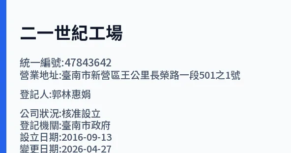二一世紀工場的照片-統編 47843642(臺南市) 公司登記資料與營業項目詳細圖表