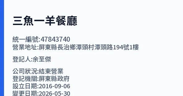 三魚一羊餐廳的照片-統編 47843740(屏東縣) 公司登記資料與營業項目詳細圖表