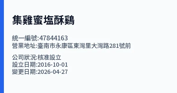 集雞蜜塩酥鷄的照片-統編 47844163(臺南市) 公司登記資料與營業項目詳細圖表