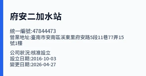 府安二加水站的照片-統編 47844473(臺南市) 公司登記資料與營業項目詳細圖表