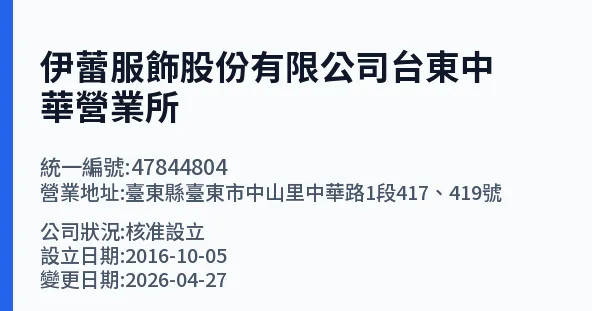 伊蕾服飾股份有限公司台東中華營業所的照片-統編 47844804(臺東縣) 公司登記資料與營業項目詳細圖表