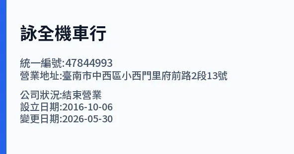 詠全機車行的照片-統編 47844993(臺南市) 公司登記資料與營業項目詳細圖表