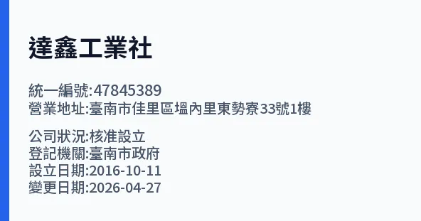 達鑫工業社的照片-統編 47845389(臺南市) 公司登記資料與營業項目詳細圖表