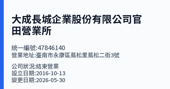 大成長城企業股份有限公司官田營業所的照片-統編 47846140(臺南市) 公司登記資料與營業項目詳細圖表