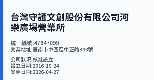 台灣守護文創股份有限公司河樂廣場營業所的照片-統編 47847099(臺南市) 公司登記資料與營業項目詳細圖表