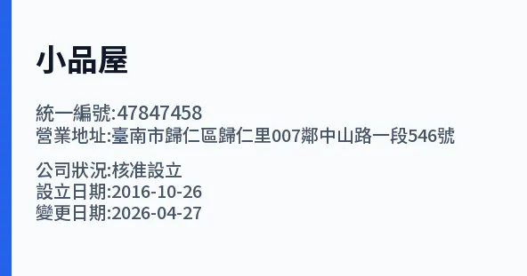 小品屋的照片-統編 47847458(臺南市) 公司登記資料與營業項目詳細圖表