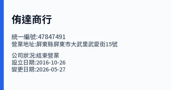 侑達商行的照片-統編 47847491(屏東縣) 公司登記資料與營業項目詳細圖表