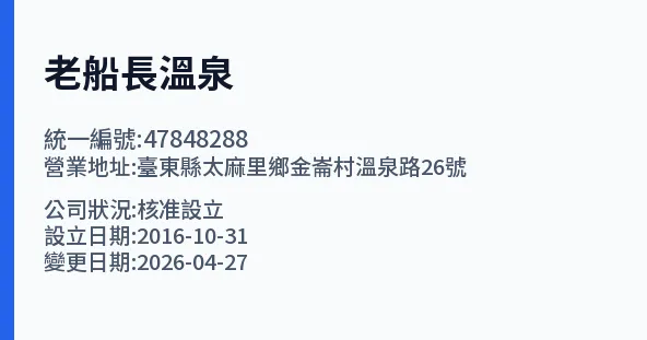 老船長溫泉的照片-統編 47848288(臺東縣) 公司登記資料與營業項目詳細圖表