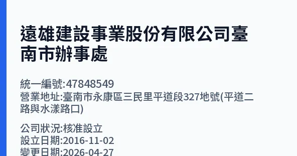 遠雄建設事業股份有限公司臺南市辦事處的照片-統編 47848549(臺南市) 公司登記資料與營業項目詳細圖表