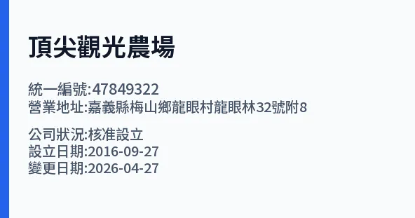 頂尖觀光農場的照片-統編 47849322(嘉義縣) 公司登記資料與營業項目詳細圖表
