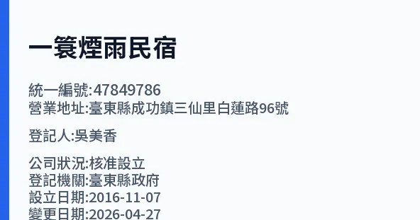 一簑煙雨民宿的照片-統編 47849786(臺東縣) 公司登記資料與營業項目詳細圖表